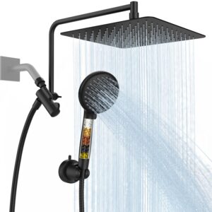 holispa shower heads with handheld spray combo, 10" rain shower head with handheld, 12" extension arm with 3-way diverter, handheld shower head with filter, 59" stainless steel hose, matte black