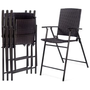 relax4life folding bar stools set of 4 - rattan bar chairs w/back, metal frame, armrests & footrest, indoor outdoor counter height chairs for kitchen backyard garden patio, portable wicker barstools