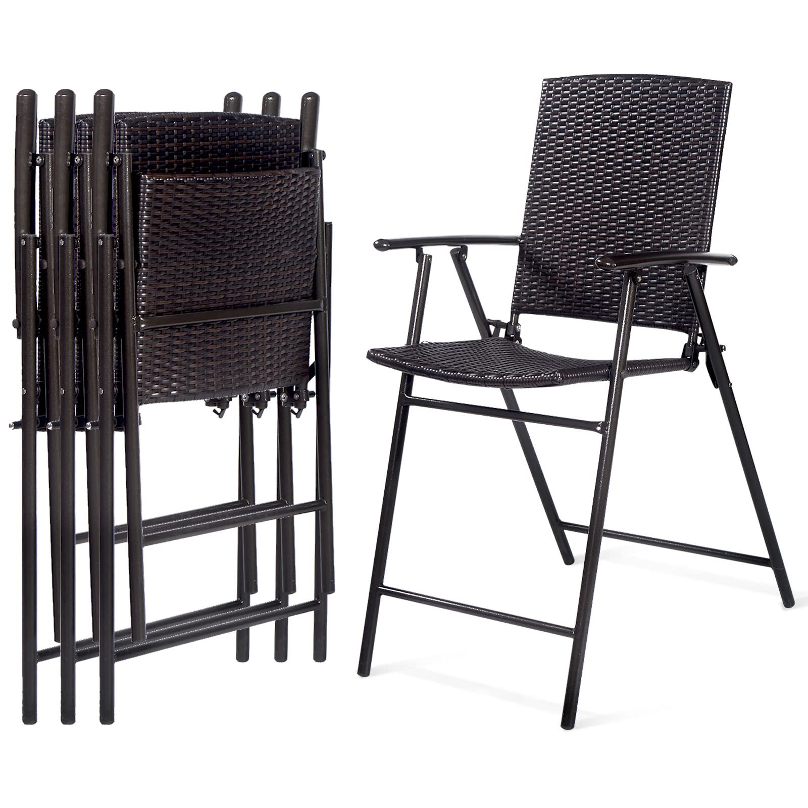 RELAX4LIFE Folding Bar Stools Set of 4 - Rattan Bar Chairs w/Back, Metal Frame, Armrests & Footrest, Indoor Outdoor Counter Height Chairs for Kitchen Backyard Garden Patio, Portable Wicker Barstools