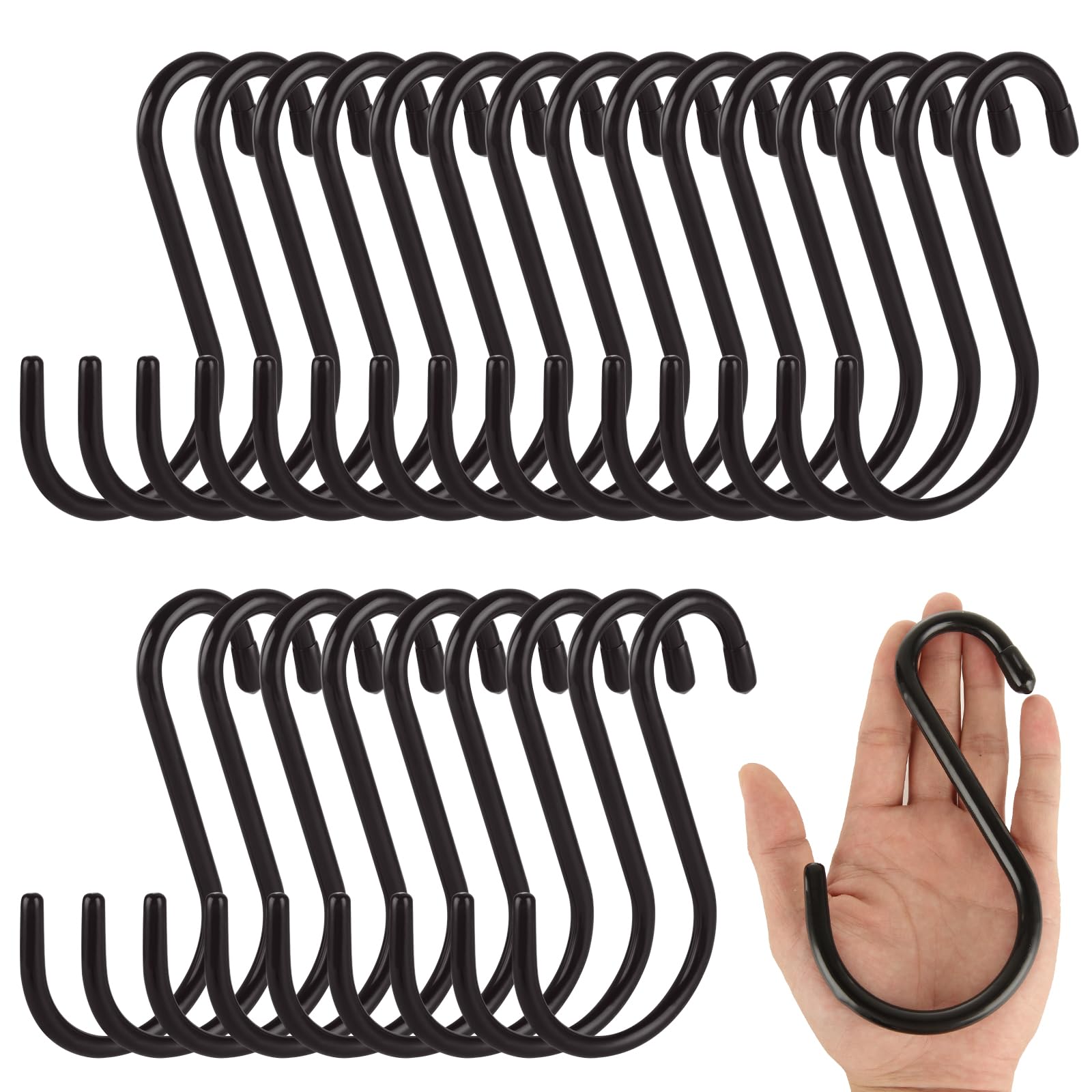 SHUESS 6 Inch 24 Pack Large S Hooks Heavy Duty, Vinyl Coated Black S Hooks for Hanging, Non Slip S Shaped Hooks, Sturdy Metal Black S Hooks for Closet, Bird Feeders, Kitchen,Tools, Bikes