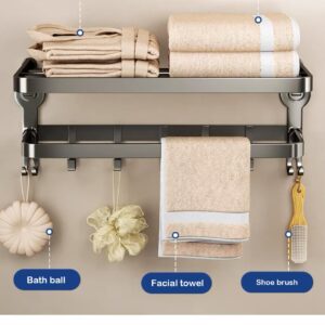 Bathroom Towel Bar 24 in Double Foldable Suction Cup Wall Mounted Towel Bar Organizer with 7 Hooks Bathroom Toilets Verandahs Simple Installation Bathroom Stands No Need to Punch Holes Modern Gray