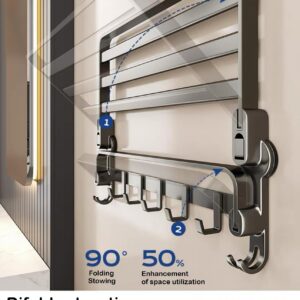 Bathroom Towel Bar 24 in Double Foldable Suction Cup Wall Mounted Towel Bar Organizer with 7 Hooks Bathroom Toilets Verandahs Simple Installation Bathroom Stands No Need to Punch Holes Modern Gray