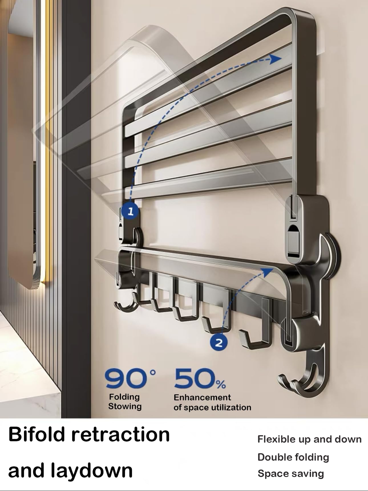 Bathroom Towel Bar 24 in Double Foldable Suction Cup Wall Mounted Towel Bar Organizer with 7 Hooks Bathroom Toilets Verandahs Simple Installation Bathroom Stands No Need to Punch Holes Modern Gray