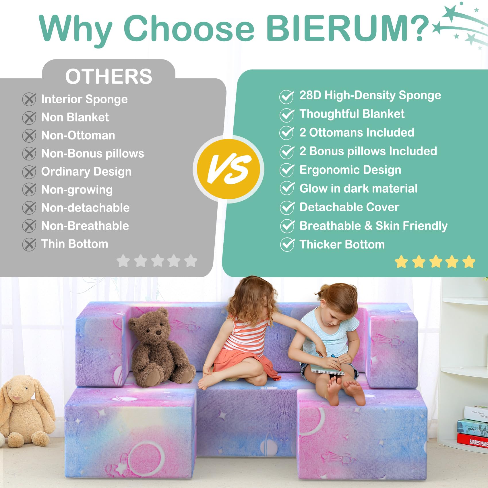 BIERUM Kids Couch, 6PCS Modular Kids Play Couch with Blanket, Kids Sofa Couch with Glow Effects for Playroom & Indoor, Convertible Toddler Couch for Girls and Boys