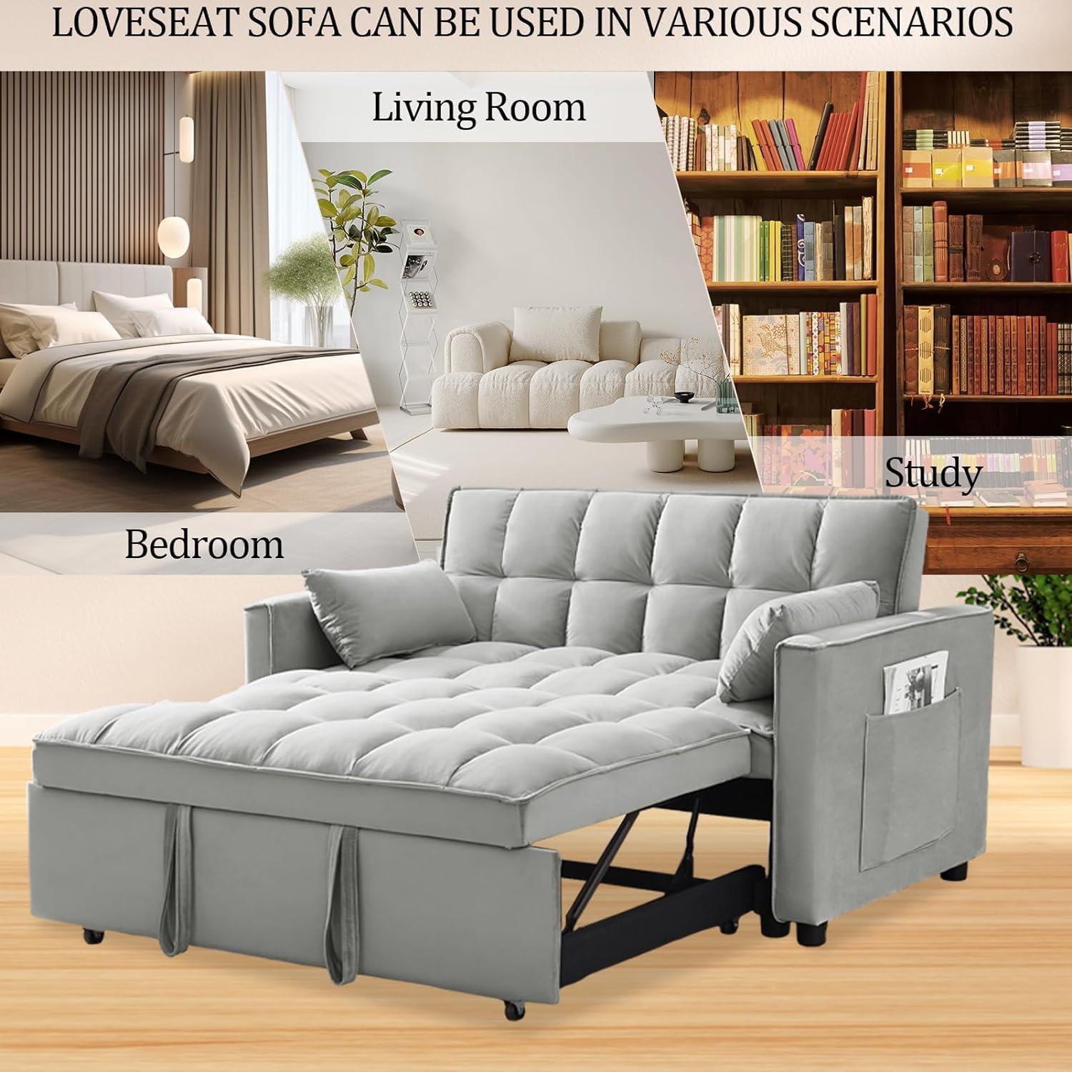 SPOWAY 3 in 1 Sleeper Sofa Couch Bed, Velvet Convertible Loveseat Sleeper Sofa with 3 Level Adjustable Backrest, Storage Pockets, Toss Pillows, Pull Out Loveseat Sleeper for Living Room, Grey