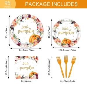 96pcs Little Pumpkin Girl Party Decorations Fall Autumn Floral Baby Shower Happy 1st Birthday Party Tableware Set 24 Guests Thanksgiving Dinner Dessert Plates and Napkins Party Supplies