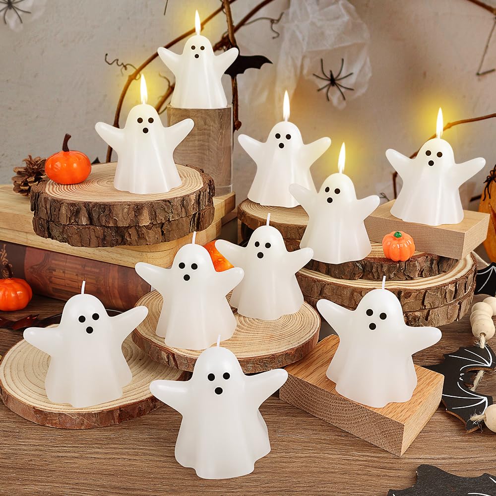 AKEROCK 10 PCS Halloween Ghost Candles, 2.75 x 2.36 Inches Cute Halloween Decorations Indoor for Table, Mantel, Desk, Kitchen Coffee Bar - Spooky Halloween Ghost Decor for Halloween Party Decorations