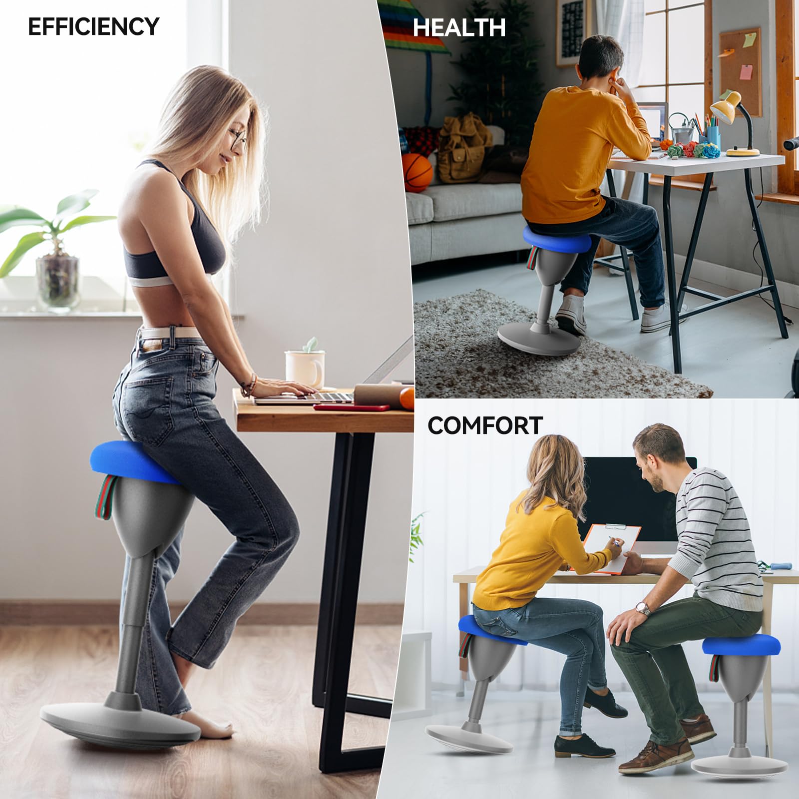 XJ-HOME Height Adjustable Active Motion Stool, Standing Desk Wobble Chair, Ergonomic Stand Perch Sit Rotate 360° Balance Stool with Cushion & Non-Slip Base for Office Home Classroom, Dark Blue