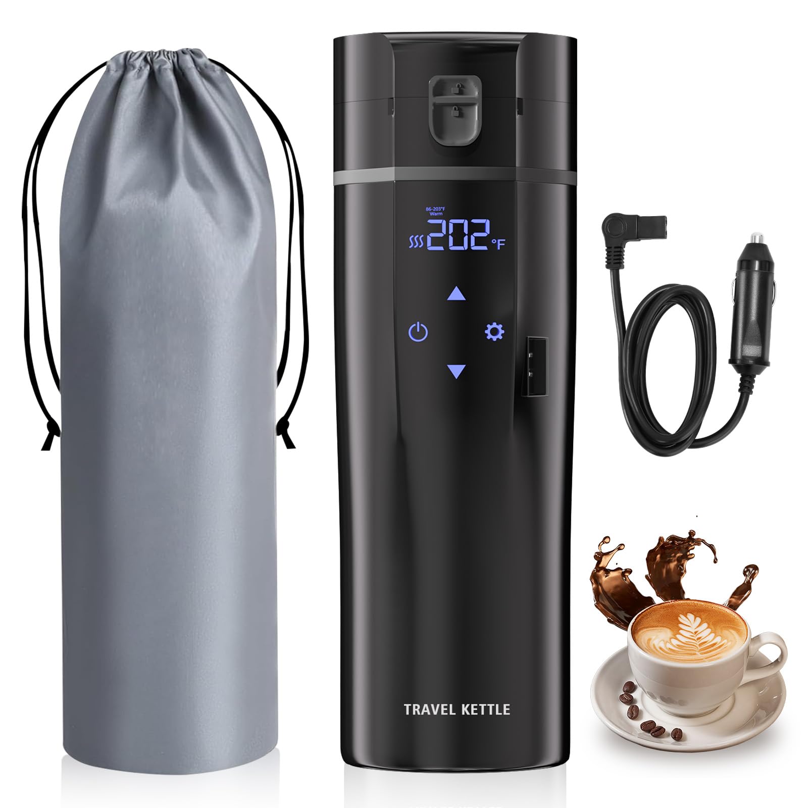 Travel Kettle, Car Electric Kettle 12V/24V, Portable Kettle for Boiling Water, Water Boiler with 304 Stainless Steel Dry Burn Protection and Handy Cup Bag, Camping and Road Trip Essential