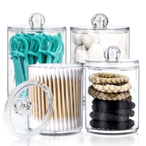 szhlux 4-pack qtip holder dispenser for floss picks, cotton swabs, cotton balls, cotton rounds - small clear plastic storage jars set for bathroom organization, vanity makeup organizer