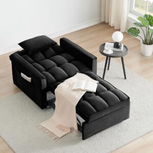 Anwickmak 3 in 1 Convertible Sleeper Chair, Modern Pull Out Couch Bed Single Recliner with Adjustable Back, Velvet Futon Folding Sofa Bed Chair for Living Room Bedroom Small Spaces (Black)