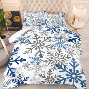 Yilinata Blue Snowflake Comforter Set Winter Christmas Frozen Printed Quilt Bedding Set with 1 Comforter and 2 Pillow Covers for Bedroom Dormroom All Season King 104x90inches