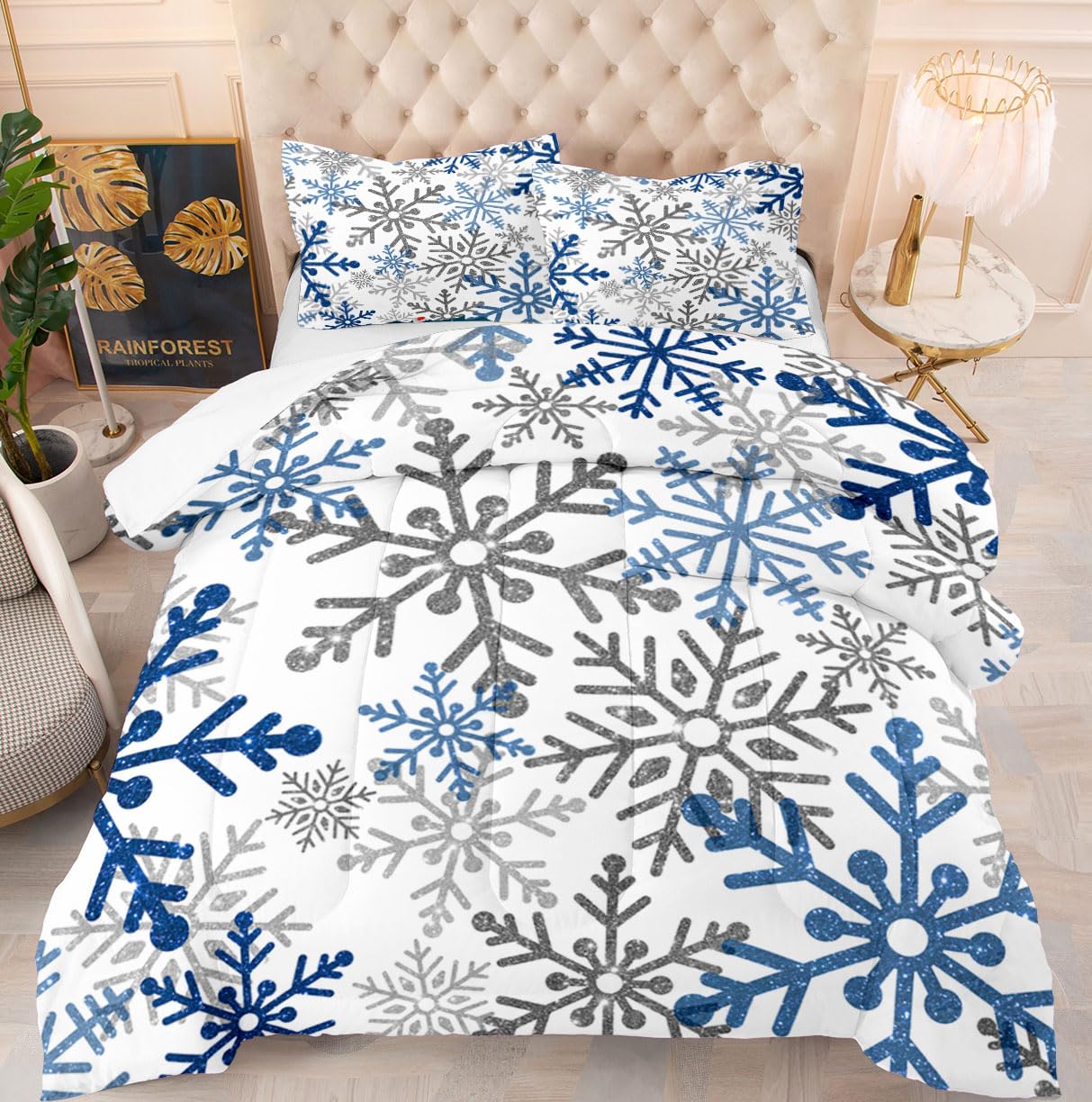 Yilinata Blue Snowflake Comforter Set Winter Christmas Frozen Printed Quilt Bedding Set with 1 Comforter and 2 Pillow Covers for Bedroom Dormroom All Season King 104x90inches