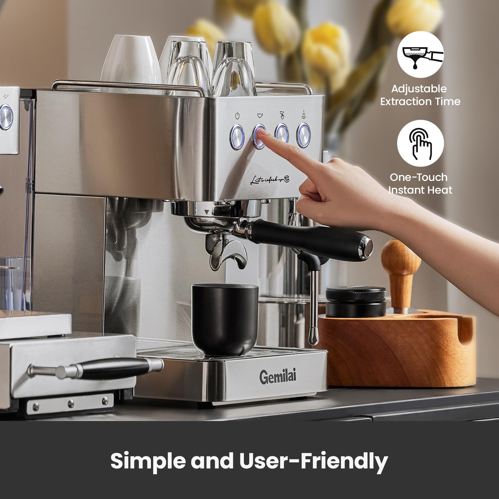 Gemilai Espresso Machine, Professional Espresso Maker with Milk Frother Steam Wand & 1.8QT Water Tank, Espresso Maker with 1500W Fast Heating for Latte Macchiato Cappuccino, Brushed Stainless Steel