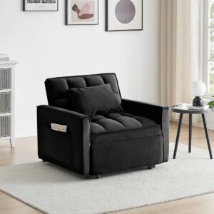 Anwickmak 3 in 1 Convertible Sleeper Chair, Modern Pull Out Couch Bed Single Recliner with Adjustable Back, Velvet Futon Folding Sofa Bed Chair for Living Room Bedroom Small Spaces (Black)