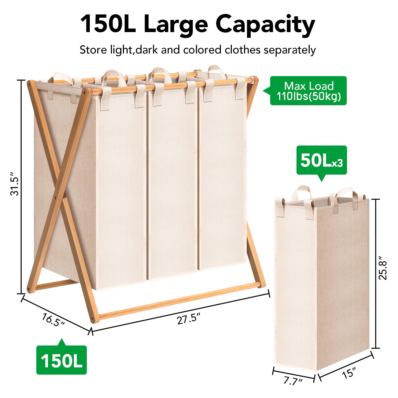 Ollieroo Laundry Hamper,150 Liters Collapsible Laundry Basket 3 Section,Large Capacity Bamboo Laundry Basket Sorter,Foldable X-Frame Dirty Clothes Hamper for Bedroom, Laundry Room, Bathroom,Beige