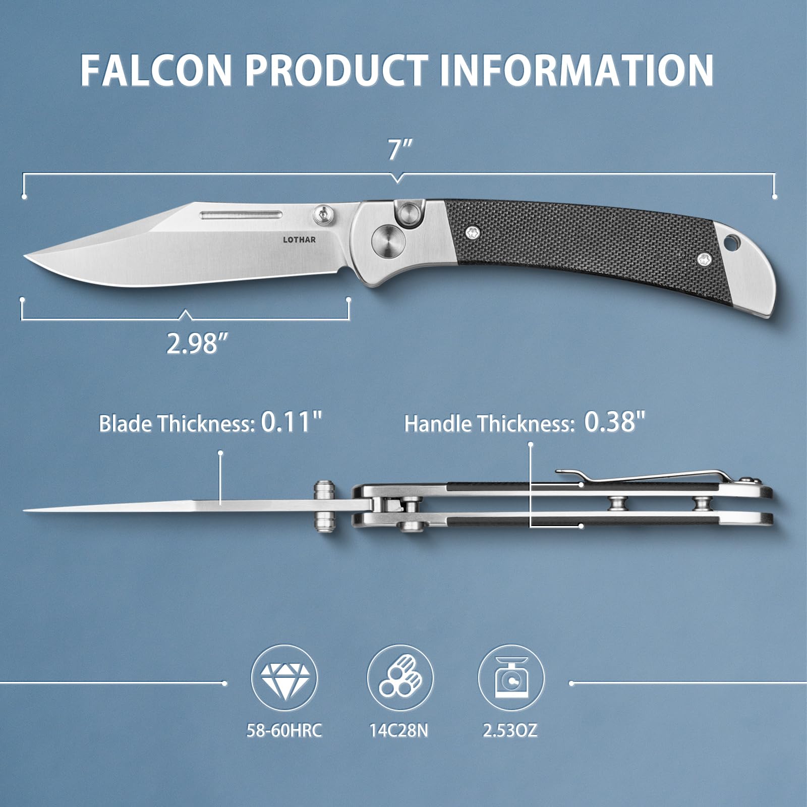 LOTHAR Falcon Pocket Knife, 2.98" 14C28N Steel Blade EDC Knife, G10 Handle, Pocket Folding Knife with Clip, Button Lock Knife, Gifts Pocket Knife for Men Women (Sliver)