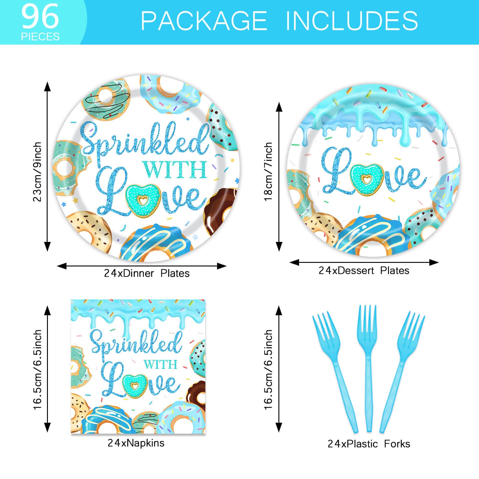 96 Pcs Donut Sprinkle Baby Shower Party Supplies Blue Sprinkled with Love Plates and Napkins Tableware Set Party Decorations for Boy Baby Shower Serve 24 Guests