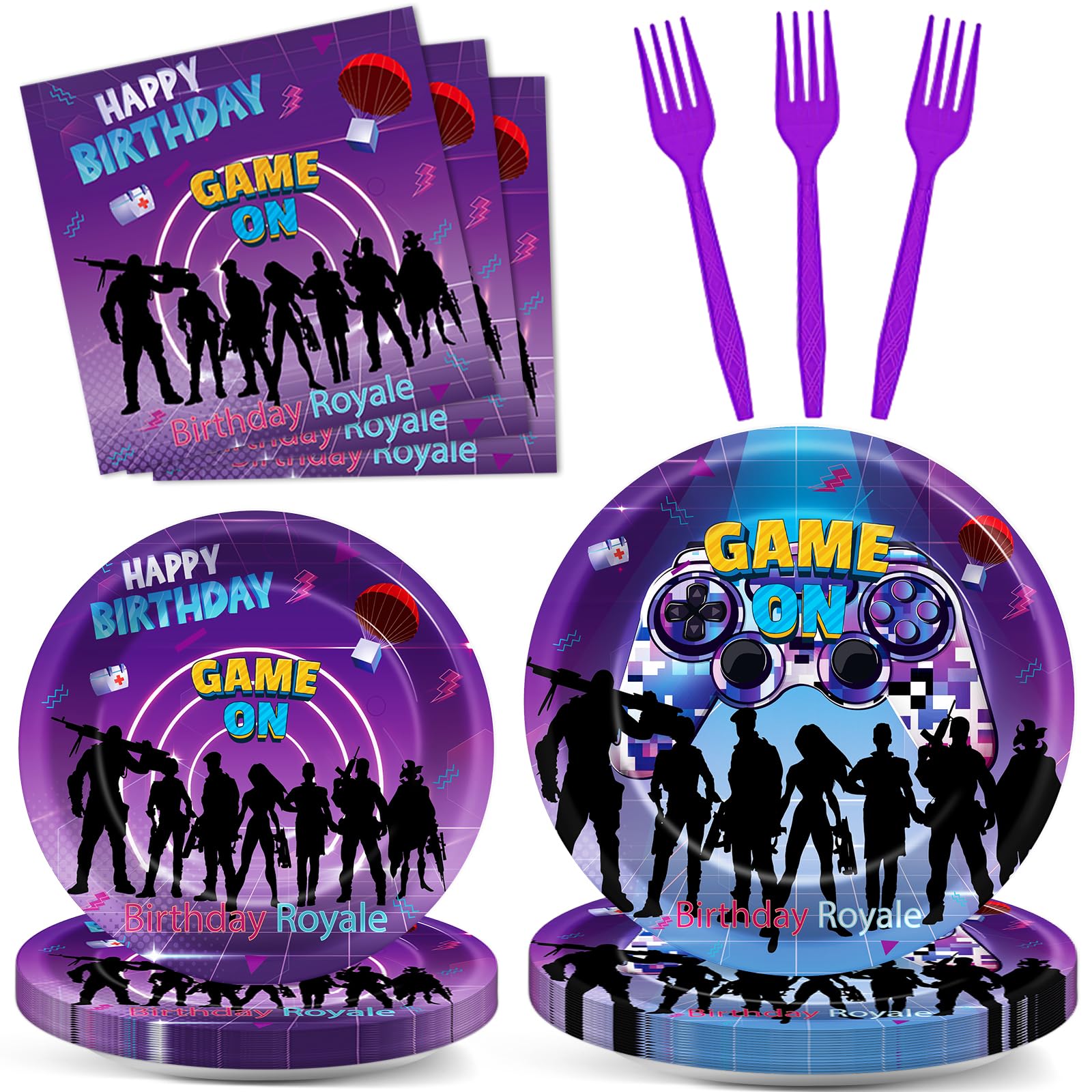 96Pcs Video Game Party Supplies Birthday Royale Tableware Set Gaming Party Plates and Napkins Game on Decorations for Kids Boys Girls Baby Shower Video Game Dinnerware Party Favors for 24 Guests