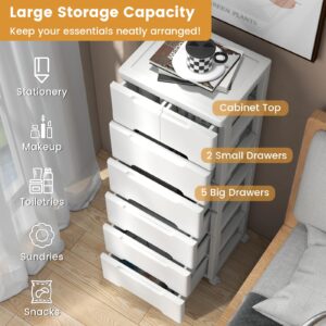 LOKO 7-Drawer Plastic Rolling Storage Cart, Mobile Storage Cabinet with 4 Universal Wheels, Vertical Storage Tower Container Unit for Living Room, Bedroom, Home Office, White (16”x13"x45” (7 Drawers))