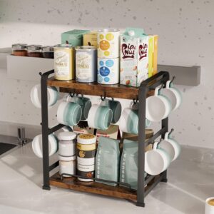 OROPY Coffee Bar Organizer with 14 Mug Hooks, Wood Coffee Mug Holder Stand for Countertop, 2 Tier Coffee Station Organizer for Coffee Cups, Mugs, Syrups, Accessories