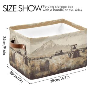 Qilmy Farmer Driving A Tractor Storage Basket with Handles for Organizing, Collapsible Canvas Shelves Storage Bins for Home Closet Bedroom Living Room