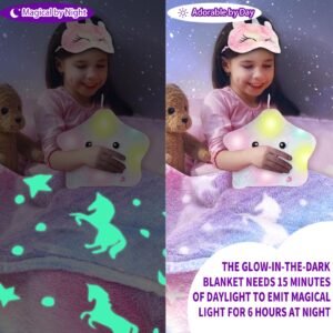 FIIOEOY Unicorn Gifts for Girls, 14PCS Unicorn Toys Birthday Gifts for Girls Age 3 4 5 6 7 8 Years Old with Light Up Star Pillow Plush Blanket Diamond Art Bracelet, Girls Kids Toys