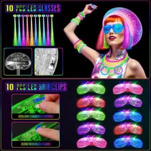 OLUPP Glow in the Dark Party Supplies, 264 PCS Light Up Party Favors with LED Glasses,Glow Sticks,Finger Lights,LED Hair Clips,Slingshot,Glasses Molds,Butterfly Bracelet for Glow Party,Raves,Birthday