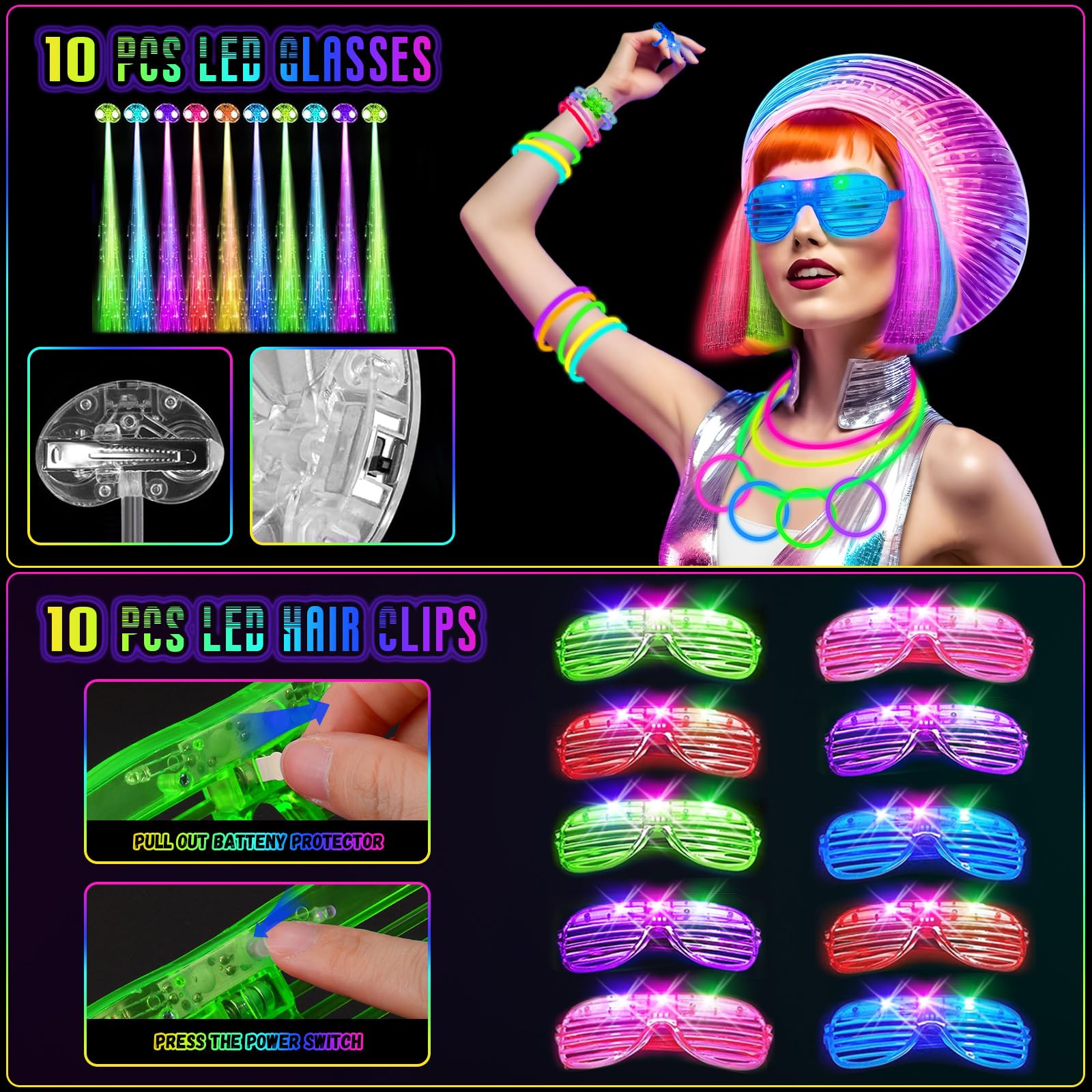 OLUPP Glow in the Dark Party Supplies, 264 PCS Light Up Party Favors with LED Glasses,Glow Sticks,Finger Lights,LED Hair Clips,Slingshot,Glasses Molds,Butterfly Bracelet for Glow Party,Raves,Birthday