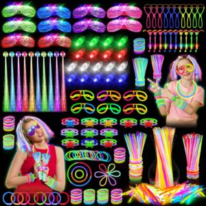 olupp glow in the dark party supplies, 264 pcs light up party favors with led glasses,glow sticks,finger lights,led hair clips,slingshot,glasses molds,butterfly bracelet for glow party,raves,birthday