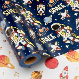 mimuti space wrapping paper - astronaut gift wrap mini roll - kids blue space birthday gift wrap roll boys wrapping paper outer space party favor - 17 in x 33 ft suitable for birthdays, parties