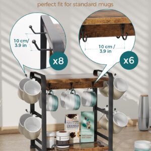 OROPY Coffee Bar Organizer with 14 Mug Hooks, Wood Coffee Mug Holder Stand for Countertop, 2 Tier Coffee Station Organizer for Coffee Cups, Mugs, Syrups, Accessories