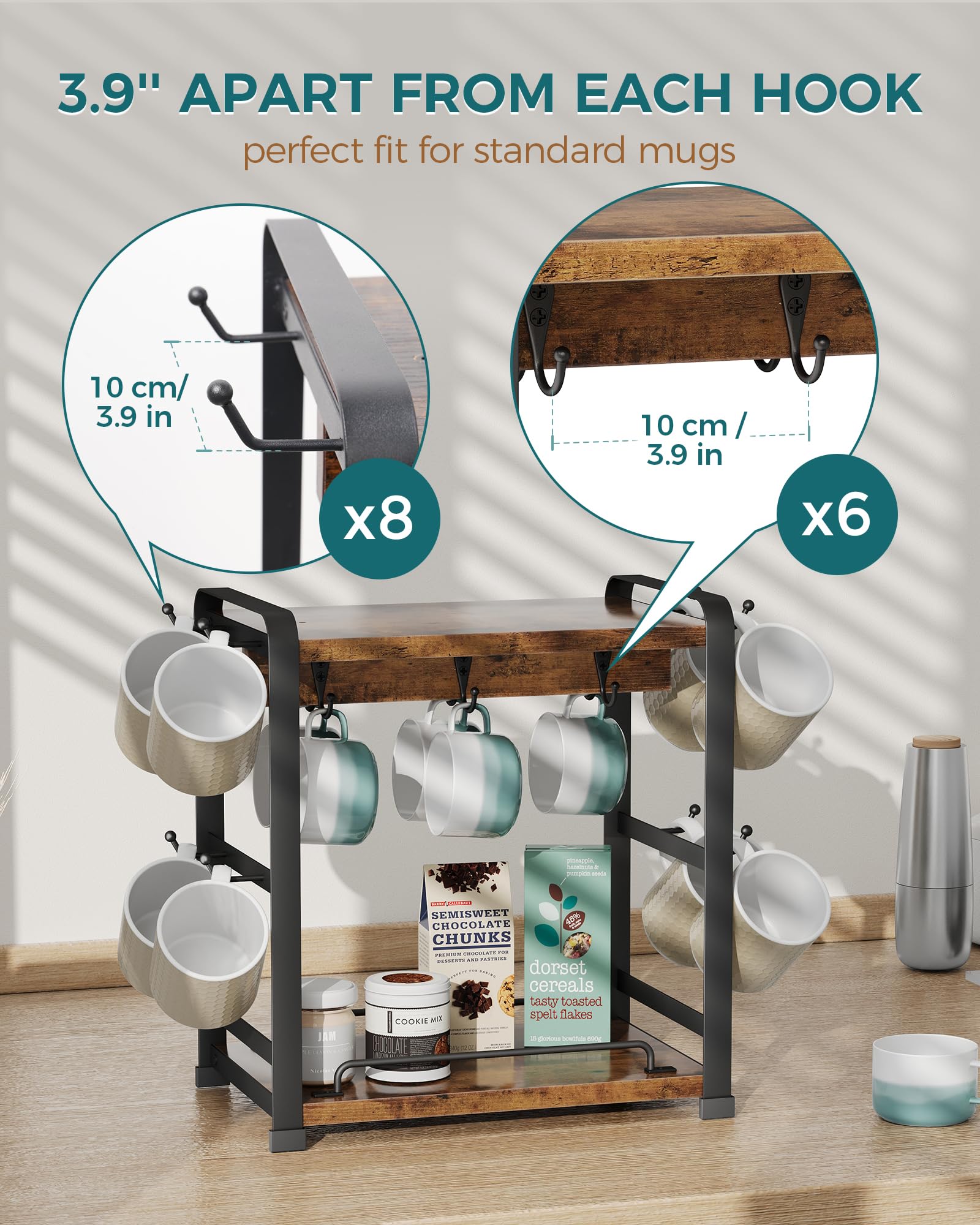 OROPY Coffee Bar Organizer with 14 Mug Hooks, Wood Coffee Mug Holder Stand for Countertop, 2 Tier Coffee Station Organizer for Coffee Cups, Mugs, Syrups, Accessories