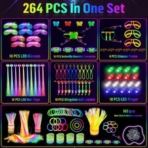 OLUPP Glow in the Dark Party Supplies, 264 PCS Light Up Party Favors with LED Glasses,Glow Sticks,Finger Lights,LED Hair Clips,Slingshot,Glasses Molds,Butterfly Bracelet for Glow Party,Raves,Birthday