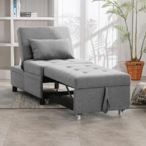 BALUS 4-in-1 Sleeper Chair with Adjustable Backrest with Free Pillow, Pull Out Sofa Couch Bed with Memory Foam for Compact Living Room (No Assemble Need,Light Grey)