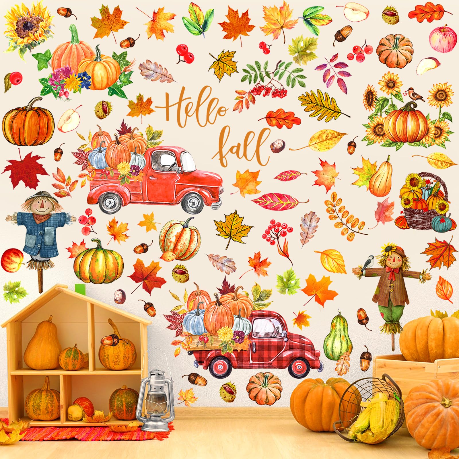 Chivertion 6 Sheets Thanksgiving Fall Wall Sticker Decorations, Thanksgiving Wall Stickers for Kids Home Office Classroom Party Glass Wall Autumn Fall Leaves Wall Decal(Scarecrow)