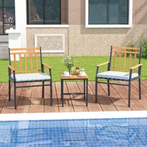 HAPPYGRILL 3 Piece Acacia Wood Patio Bistro Set, Outdoor Chair Set with Coffee Table, Heavy-Duty Metal Frame, Cushions, Outside Furniture Conversation Set for Balcony, Porch, Backyard