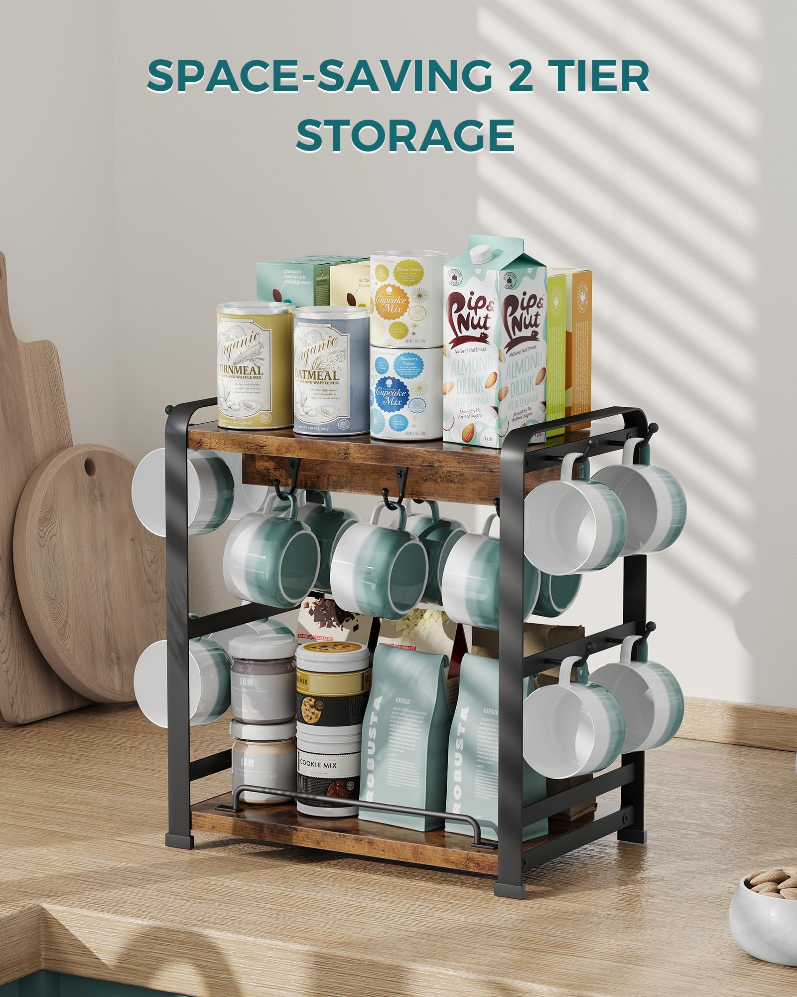 OROPY Coffee Bar Organizer with 14 Mug Hooks, Wood Coffee Mug Holder Stand for Countertop, 2 Tier Coffee Station Organizer for Coffee Cups, Mugs, Syrups, Accessories