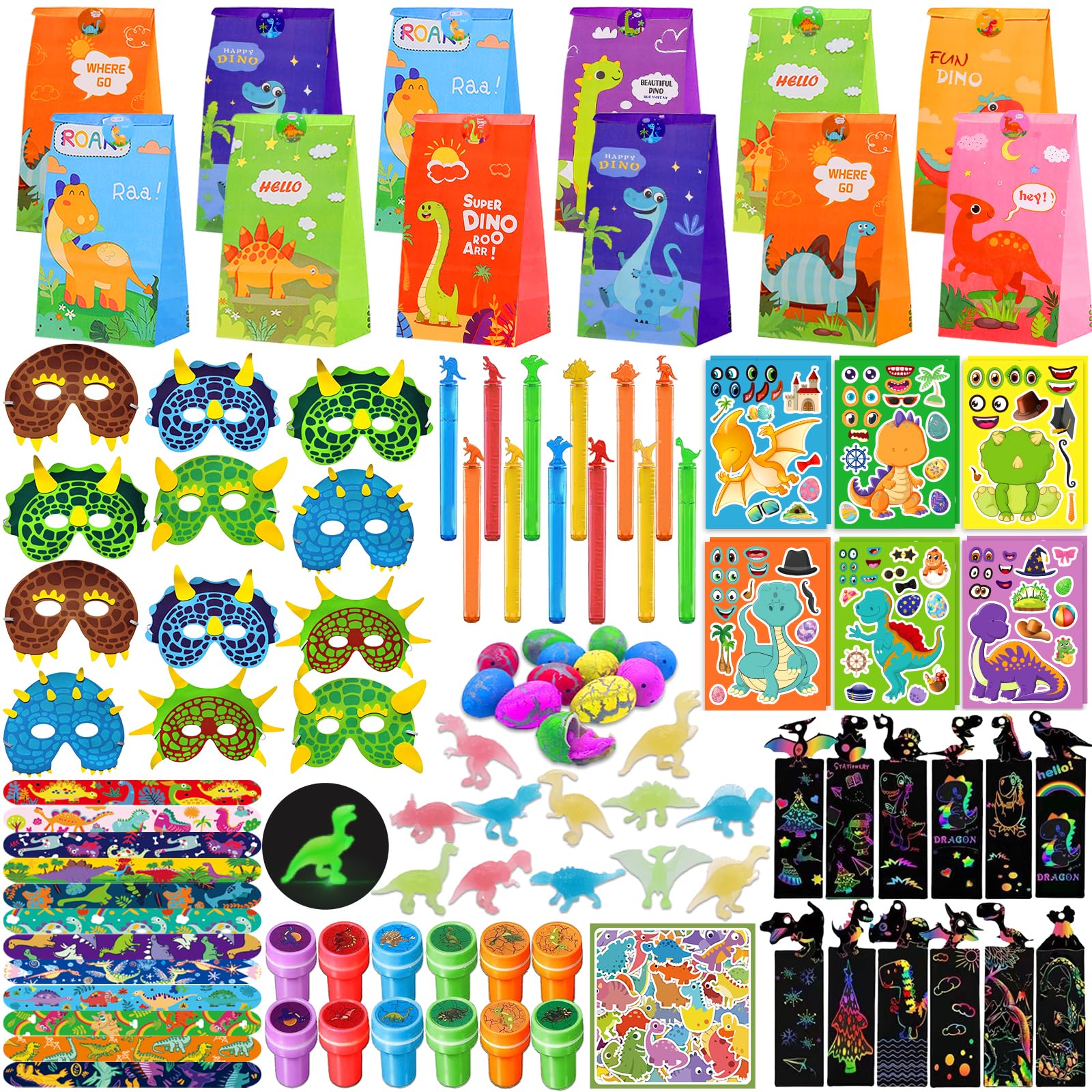 168Pcs Dinosaur Birthday Party Favors, Dino Party Favors Include Masks Bubble Stamps Hatching Eggs Bags Craft Bookmarks DIY Stickers Slap Bracelets for Dinosaur Birthday Party Decorations Supplies