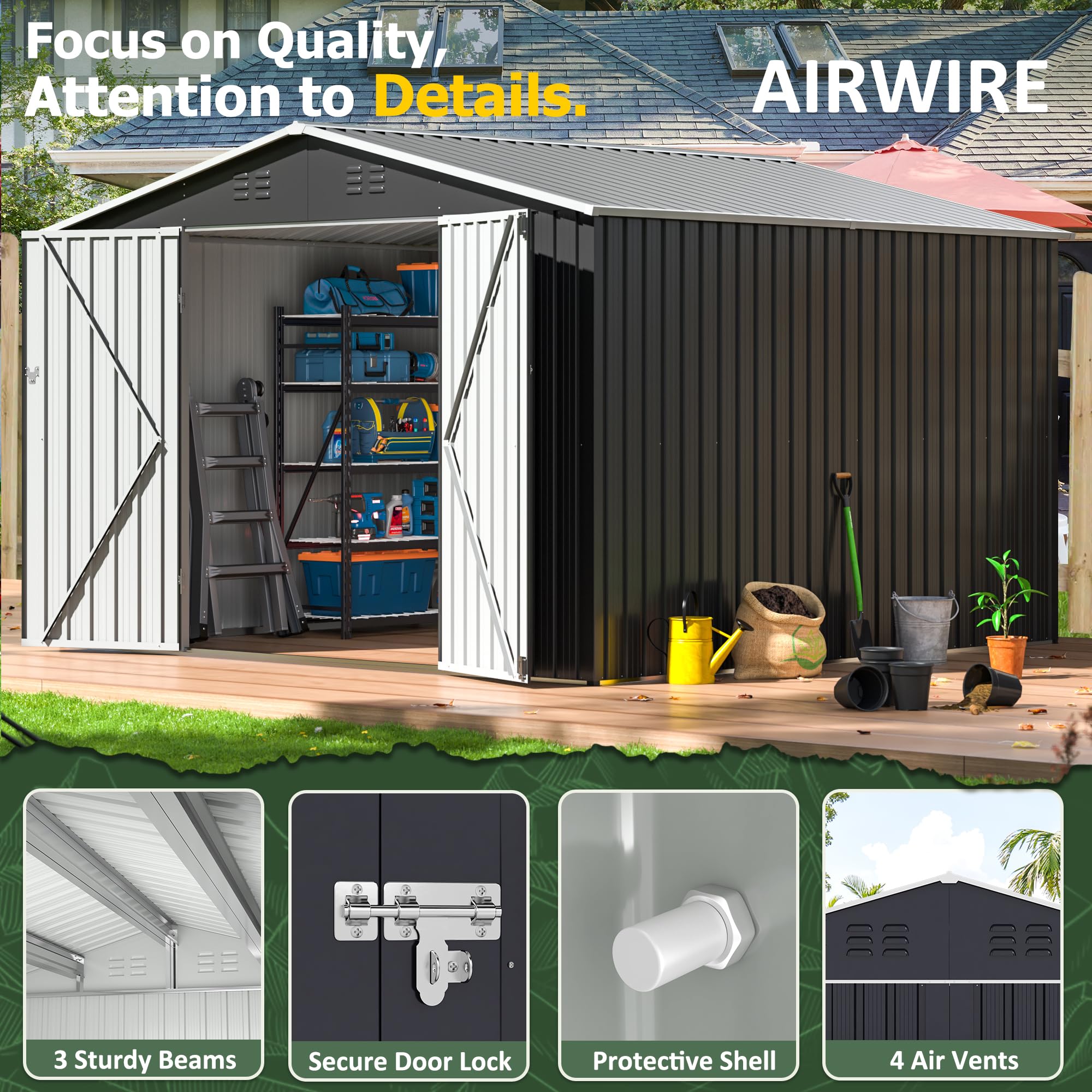 AirWire 10x10 FT Outdoor Storage Shed, Garden Shed with Updated Frame Structure and Lockable Doors, Metal Tool Sheds for Backyard Garden Patio Lawn, Grey