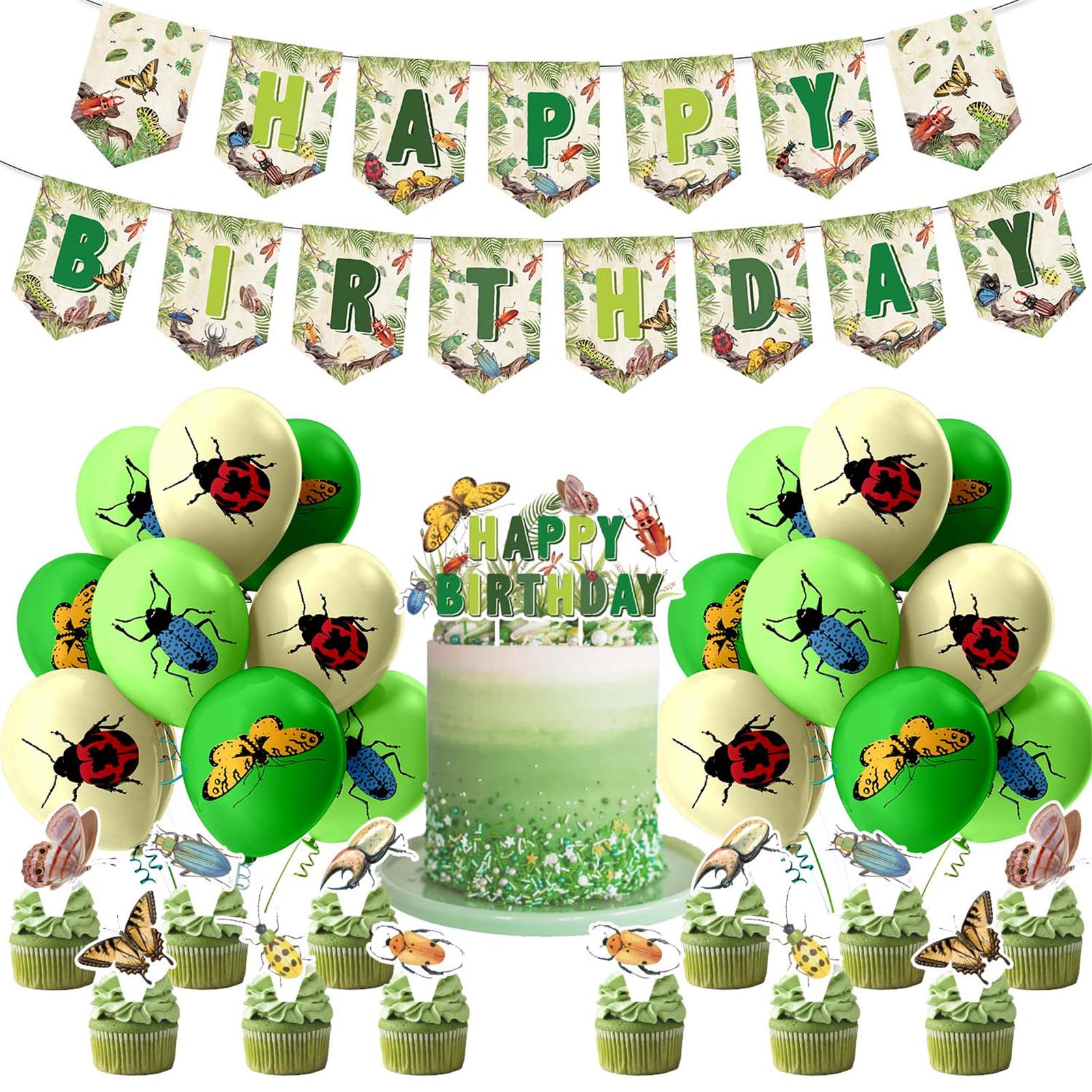 32 Pieces Bugs Party Supplies Includes Bugs Happy Birthday Banner Cake Topper Cupcake Toppers Balloons Insect Theme Party for Baby Shower Boys and Girls Birthday Decorations