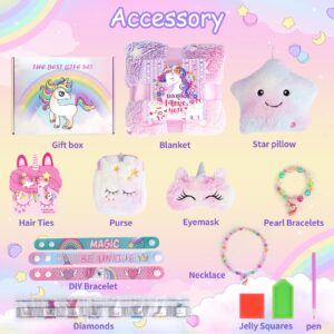 FIIOEOY Unicorn Gifts for Girls, 14PCS Unicorn Toys Birthday Gifts for Girls Age 3 4 5 6 7 8 Years Old with Light Up Star Pillow Plush Blanket Diamond Art Bracelet, Girls Kids Toys