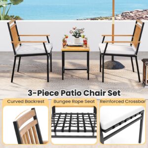 HAPPYGRILL 3 Piece Acacia Wood Patio Bistro Set, Outdoor Chair Set with Coffee Table, Heavy-Duty Metal Frame, Cushions, Outside Furniture Conversation Set for Balcony, Porch, Backyard