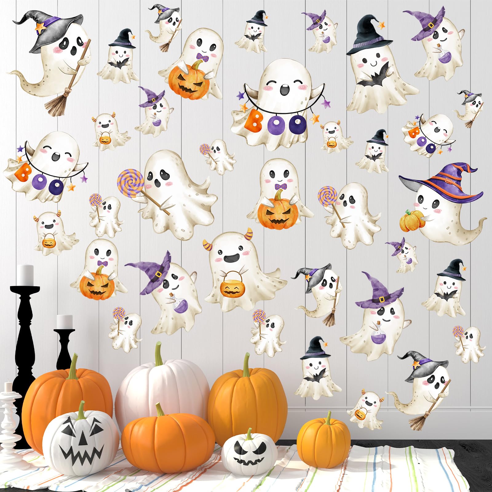 Sabary 6 Sheet/ 36 Pcs Halloween Ghost Decals Halloween Ghost Wall Decals Halloween Wall Clings Stickers Removable Peel and Stick Ghost Decals for Bathroom Wall Door Clings Party Decor