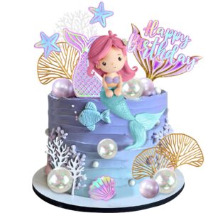 drwate mermaid cake toppers with 3d mermaid shell starfish fishtail balls for kids girls birthday party baby shower supplies (style1)