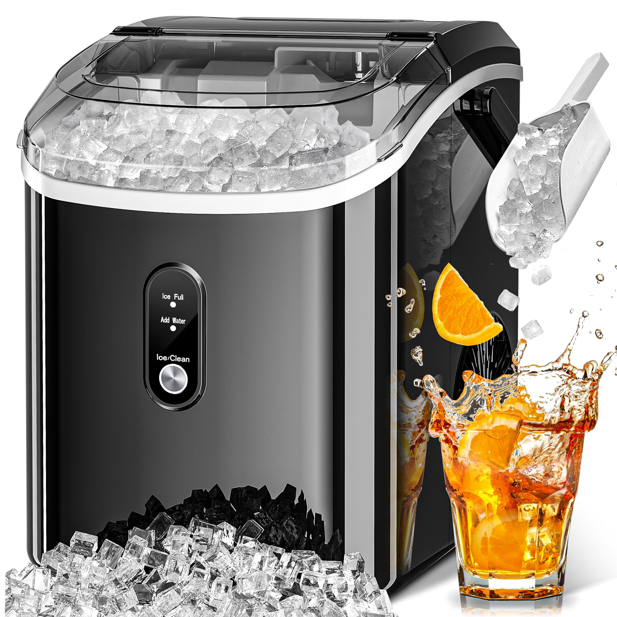 Nugget Ice Maker Countertop with Crushed Ice, 35lbs/Day, Portable Ice Maker Countertop with Handle, One-Click Operation, Compact Design, Sonic Pellet Ice Maker for Home & Bar(Black)