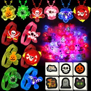 84 pcs halloween party favors for kids, halloween glow in the dark toys rotating spin light up bracelets necklaces rings decorations, halloween trick or treats goodie bag fillers party supplies