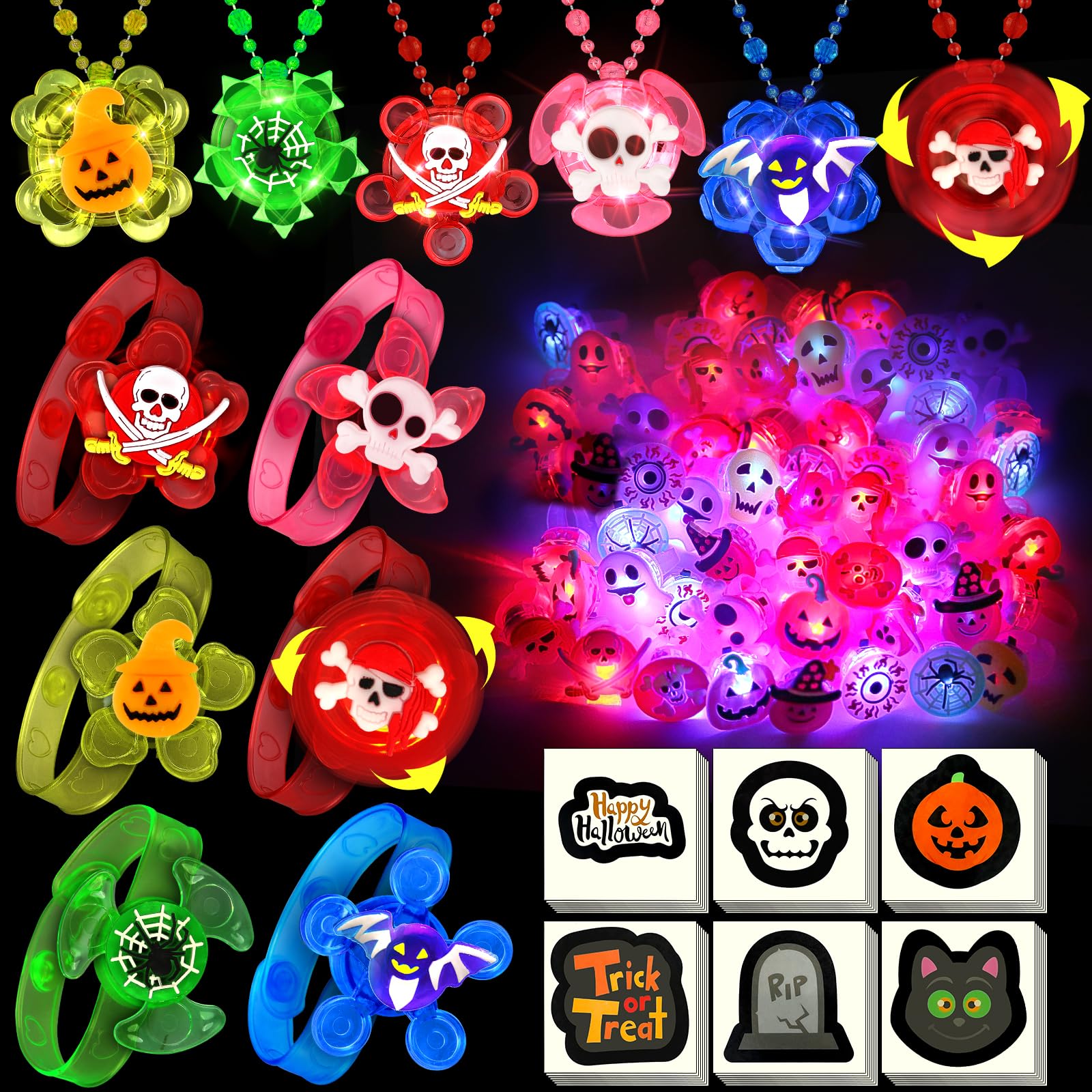 84 PCS Halloween Party Favors for Kids, Halloween Glow in the Dark Toys Rotating Spin Light Up Bracelets Necklaces Rings Decorations, Halloween Trick or Treats Goodie Bag Fillers Party Supplies