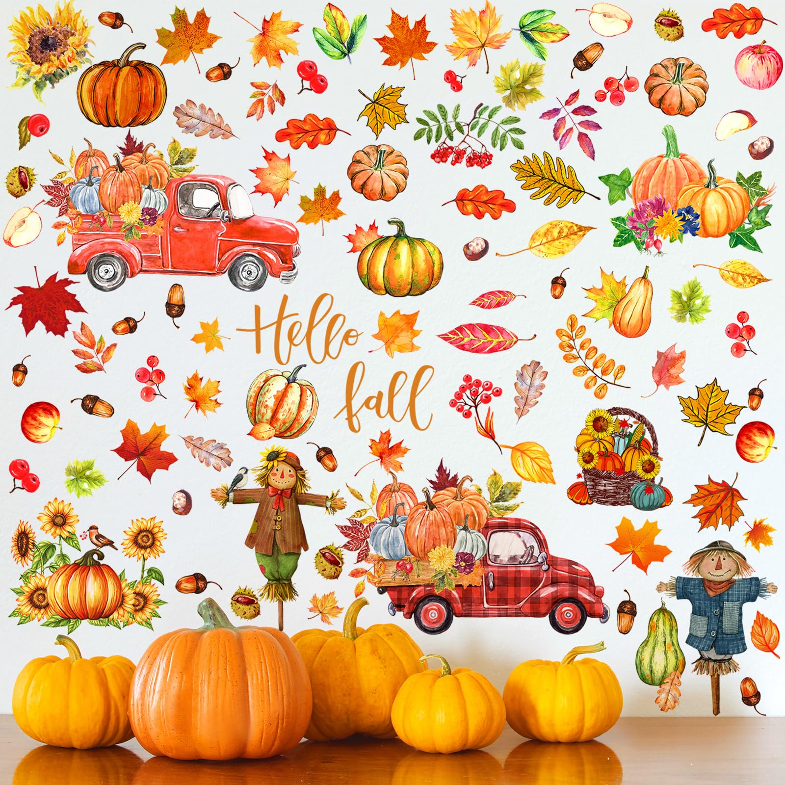 Chivertion 6 Sheets Thanksgiving Fall Wall Sticker Decorations, Thanksgiving Wall Stickers for Kids Home Office Classroom Party Glass Wall Autumn Fall Leaves Wall Decal(Scarecrow)