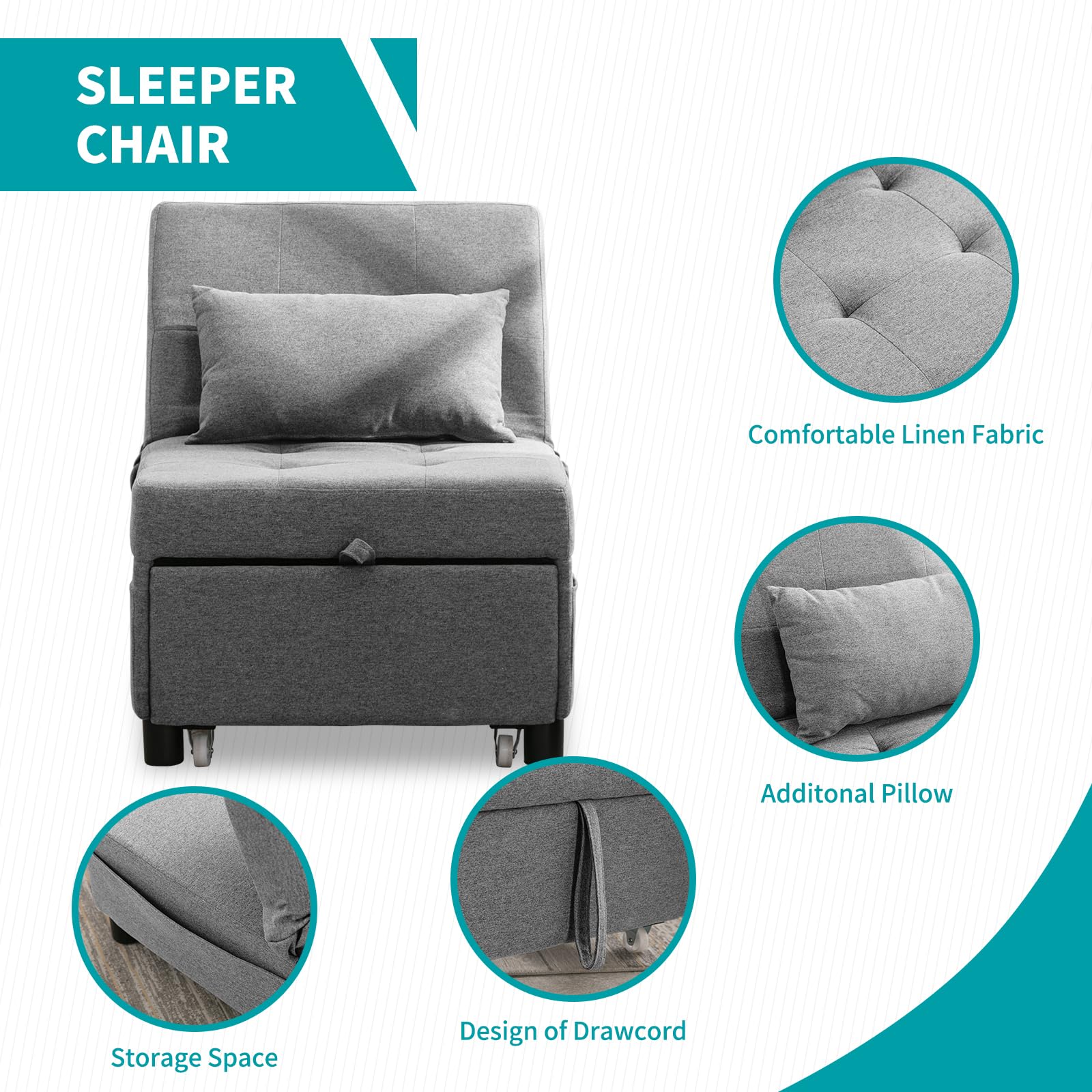 BALUS 4-in-1 Sleeper Chair with Adjustable Backrest with Free Pillow, Pull Out Sofa Couch Bed with Memory Foam for Compact Living Room (No Assemble Need,Light Grey)